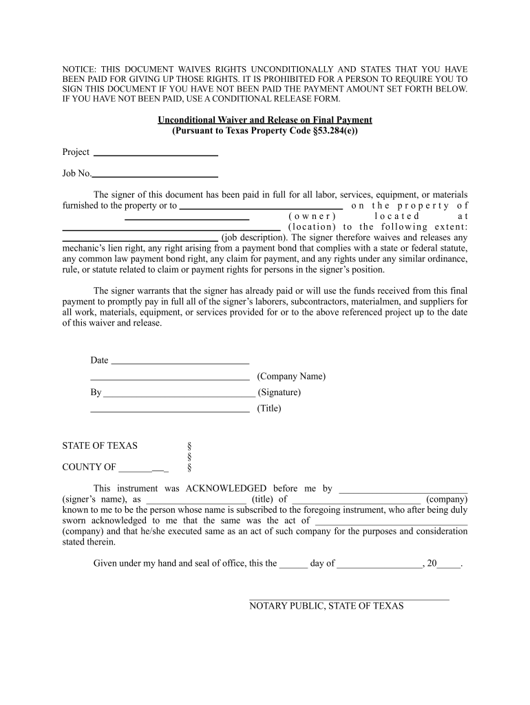 Printable Unconditional Lien Waiver Template