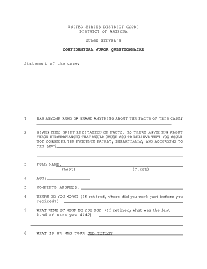 Fillable Online azd uscourts Juror Questionnaire - District of Arizona ...