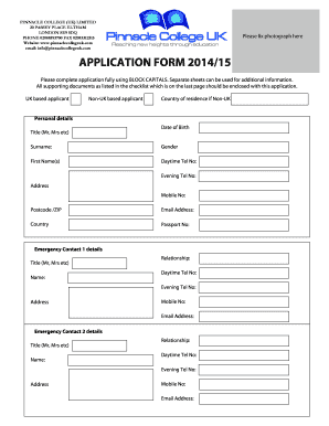 Fillable Online APPLICATION FORM 2013/14 - Pinnacle College UK Fax ...