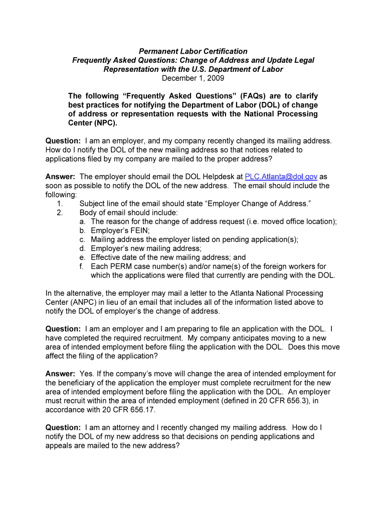 Fillable Online foreignlaborcert doleta Frequently Asked Questions: Change of Address and Update ...