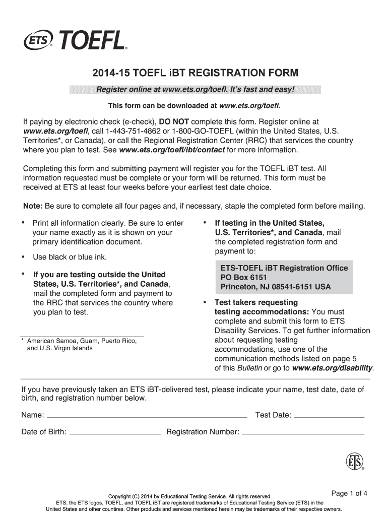 Fillable Online ets 2014-15 TOEFL iBT REGISTRATION FORM Register online at www - ets Fax Email ...