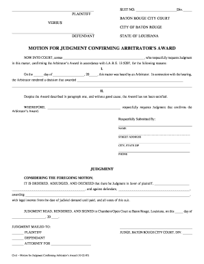 Fillable Online Civil - Motion for Judgment Confirming Arbritrators ...