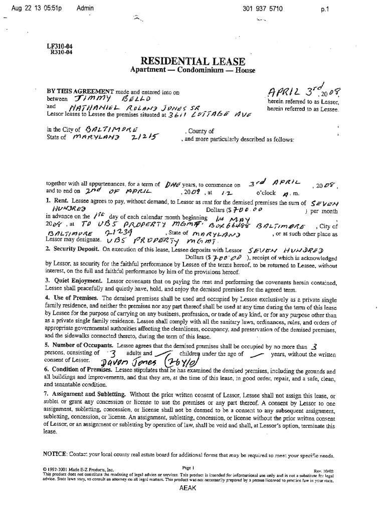 Residential Lease Apartment Condominium House Fill And Sign Printable 
