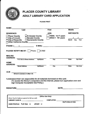 Fillable Online placer ca ADULT LIBRARY CARD APPLICATION Fax Email ...