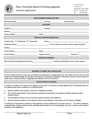 Fillable Online Board of Zoning Appeals Variance Application - Plain ...
