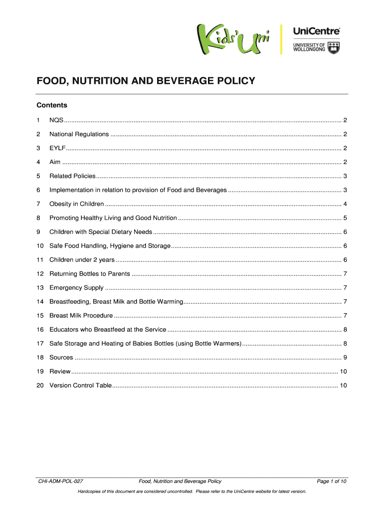 Fillable Online FOOD, NUTRITION AND BEVERAGE POLICY - UniCentre Fax ...