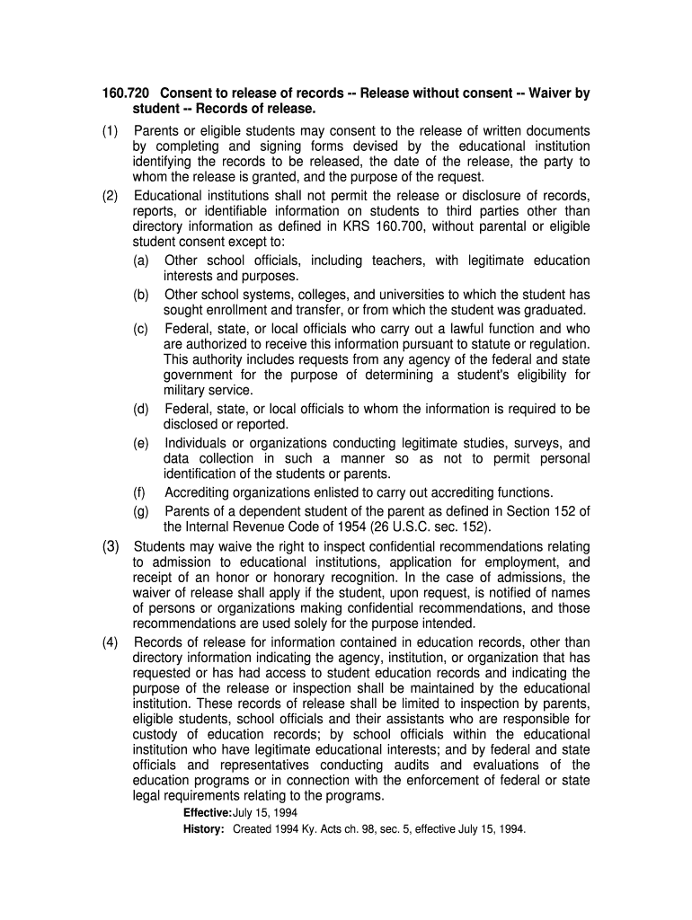 Fillable Online lrc state ky 160.720bbb Consent to release of records ...