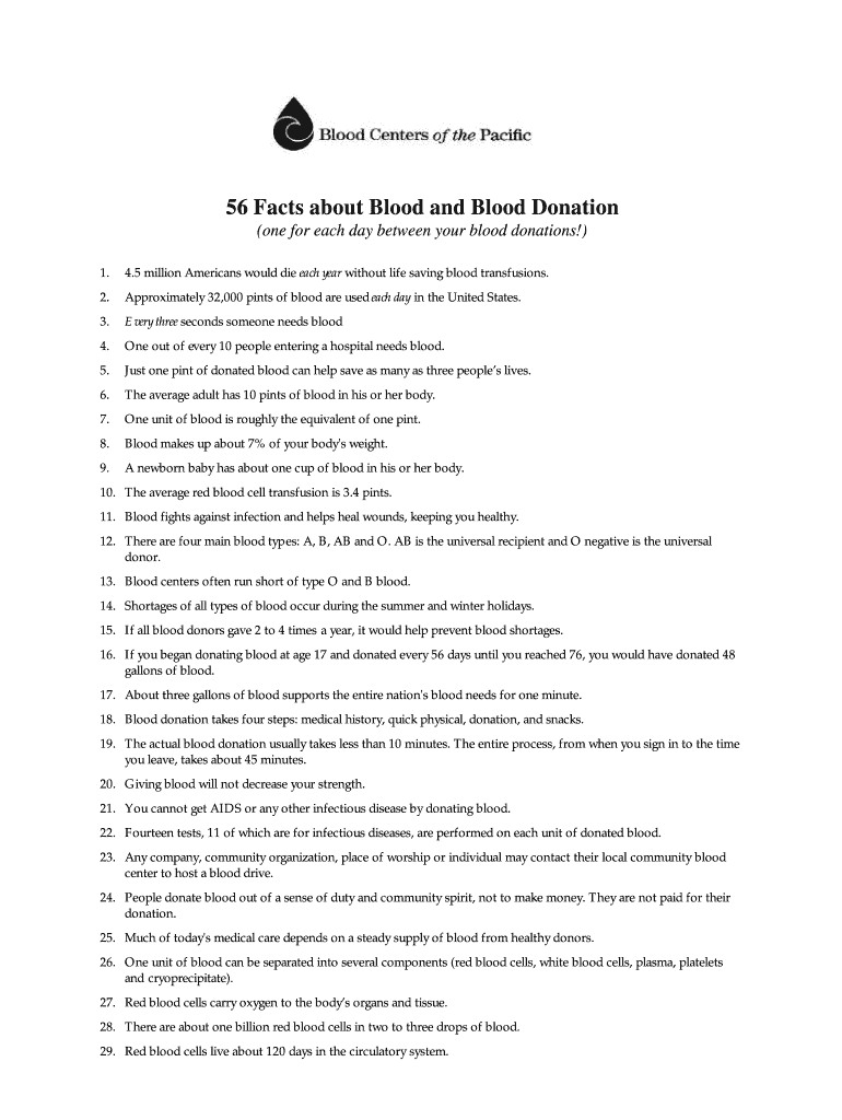 Fillable Online 56 Facts About Blood and Blood Donation - Blood Centers ...