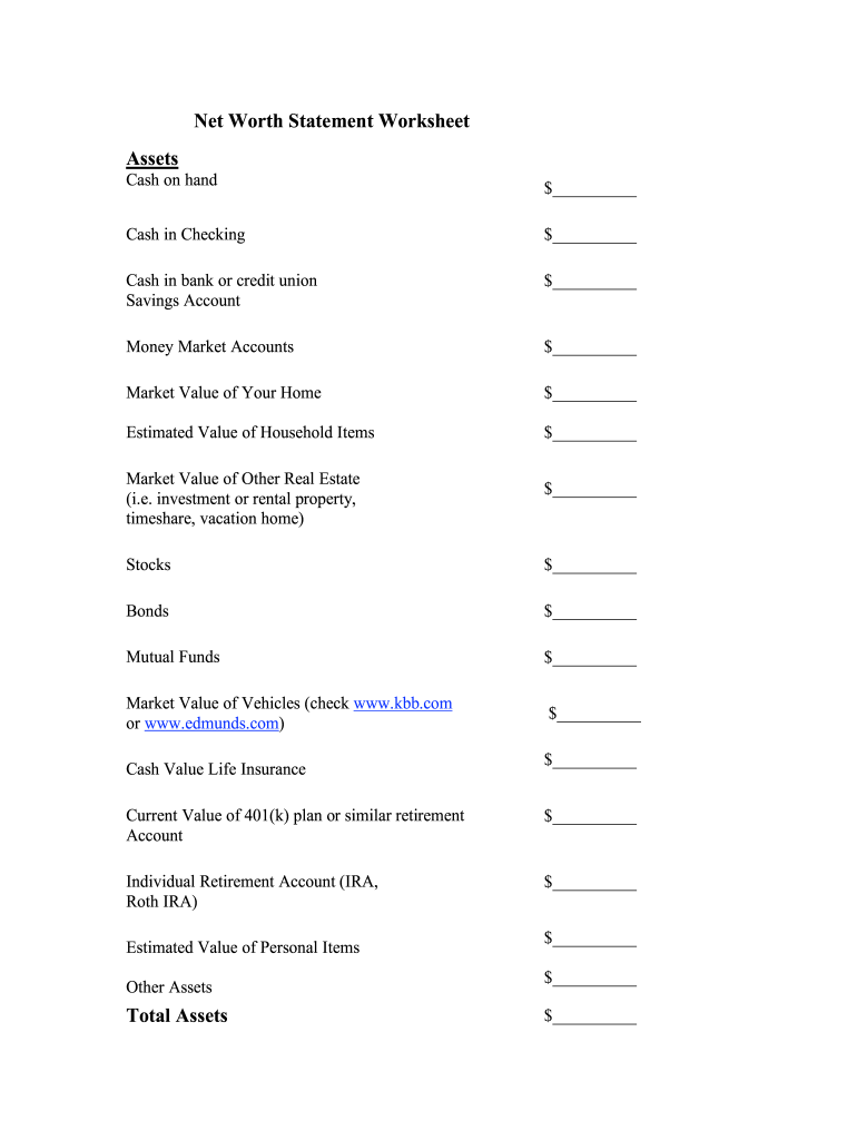 Net Worth Statement Worksheet Fill And Sign Printable Template Online 