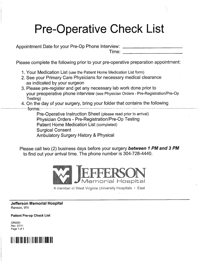 Fillable Online hsc wvu Patient Pre-Operative Check List Fax Email ...