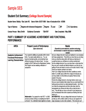 Fillable Online fehb Sample SES Student Exit Summary (College Bound ...