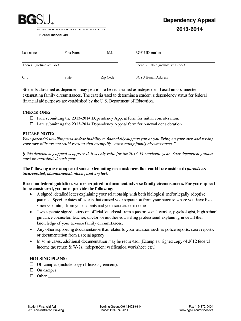 Fillable Online bgsu Dependency Appeal 2013-2014 - Bowling Green State ...