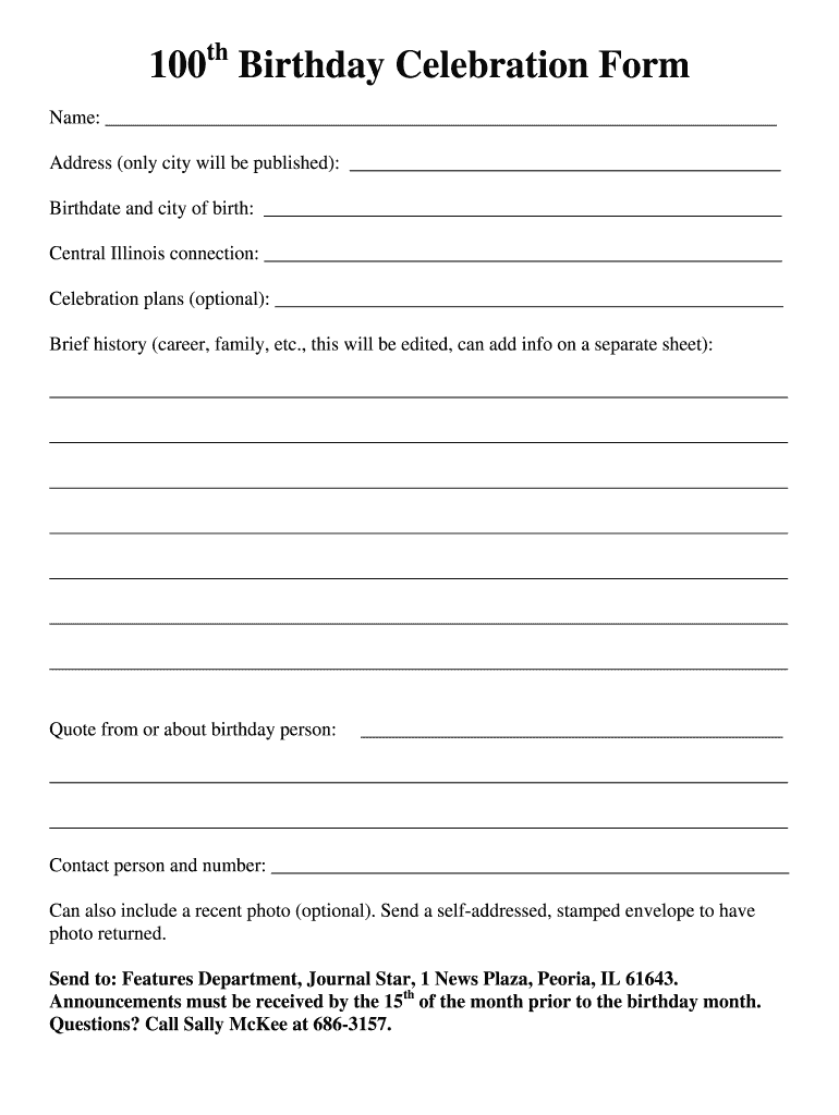 Fillable Online 100th Birthday Celebration Form Fax Email Print - pdfFiller
