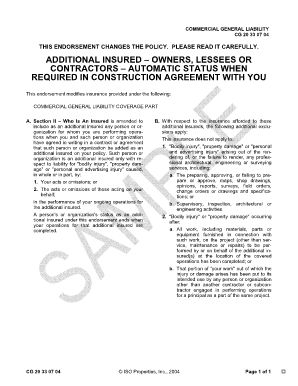 Fillable Online Additional insured owners, lessees or contractors ...