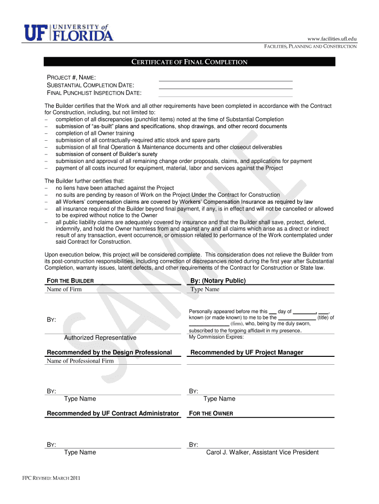 Fillable Online Certificate of Final Completion - Facilities Planning ...