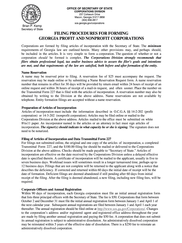 Fillable Online sos ga Filing Procedure Corporation - Georgia Secretary ...