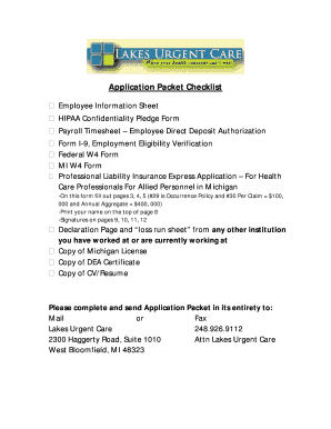 Fillable Online Application Packet Checklist Employee Information Sheet ...