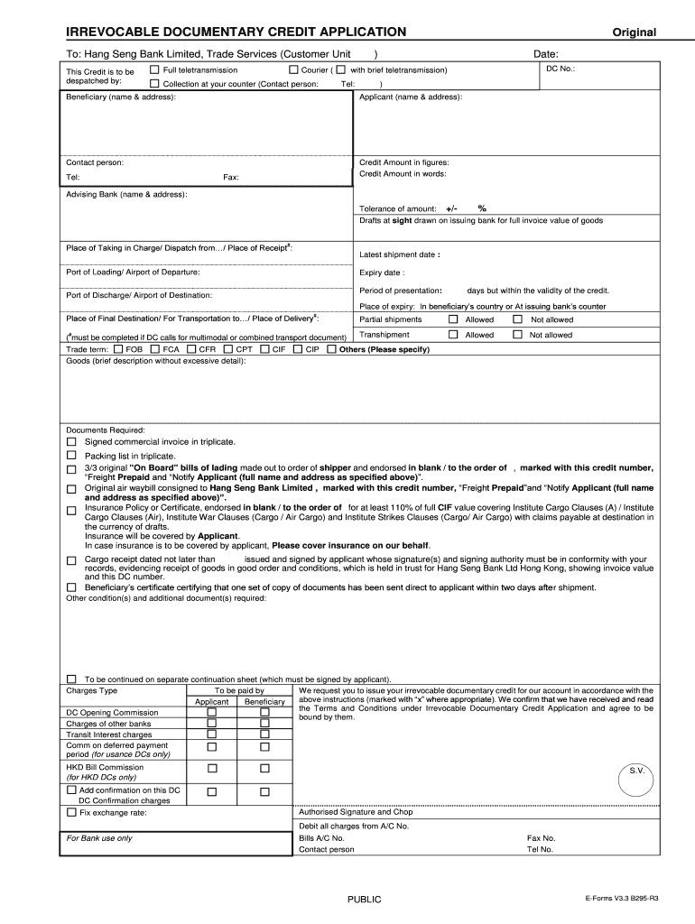 Fillable Online IRREVOCABLE DOCUMENTARY CREDIT APPLICATION Orginal Fax ...