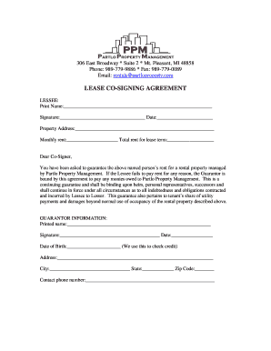 Fillable Online LEASE CO-SIGNING AGREEMENT - Partlo Property Management Fax Email Print - pdfFiller