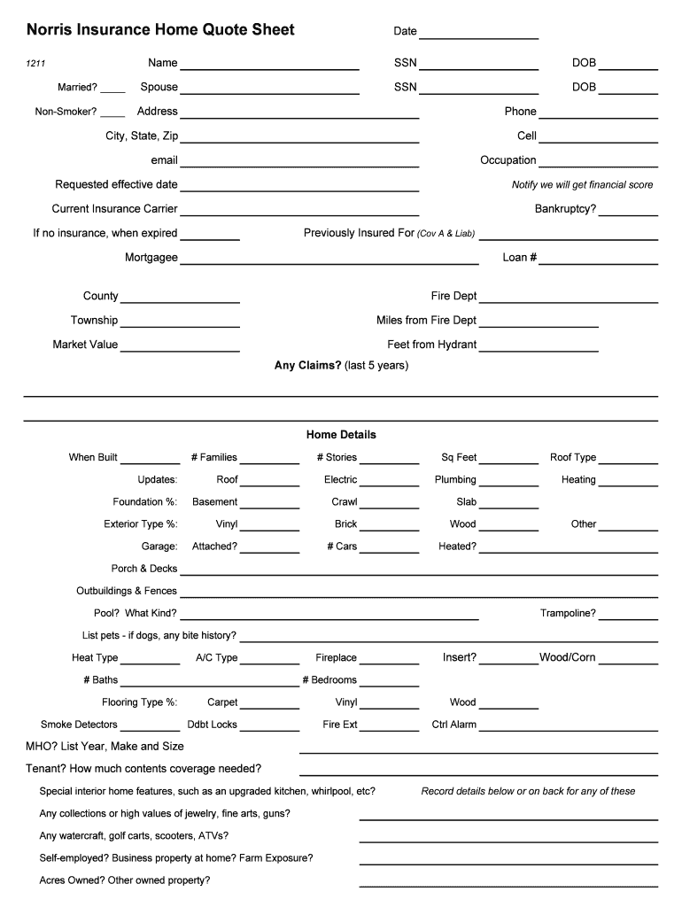 Fillable Online NIA Home Quote Sheet.pdf - Norris Insurance Agency Fax ...