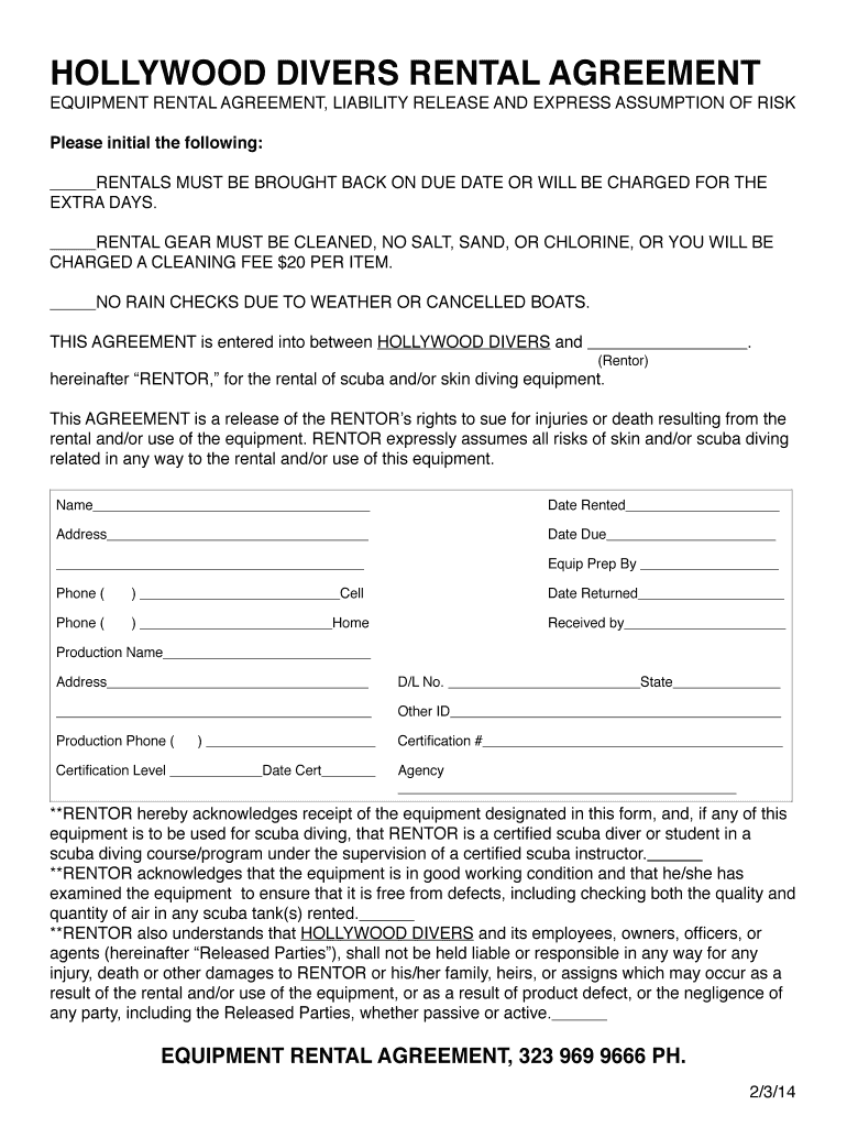 Fillable Online HOLLYWOOD DIVERS RENTAL AGREEMENT Fax Email Print ...