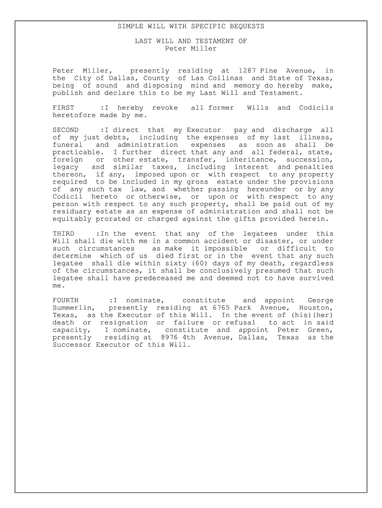 Fillable Online Simple will with specific bequests last will and ...