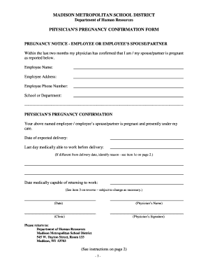 Fillable Online Physician's Pregnancy Confirmation Form - Madison ...