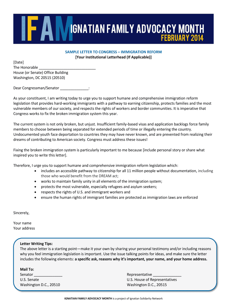 Fillable Online SAMPLE LETTER TO CONGRESS IMMIGRATION REFORM Your ...