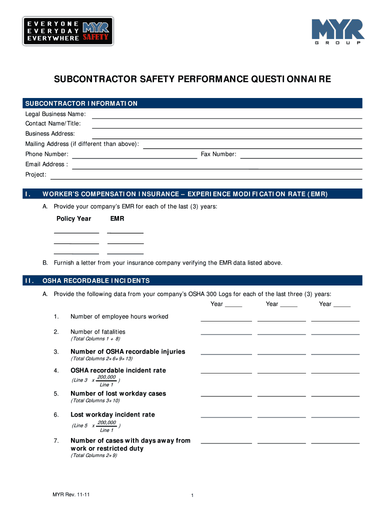 Fillable Online SUBCONTRACTOR SAFETY PERFORMANCE QUESTIONNAIRE Fax ...
