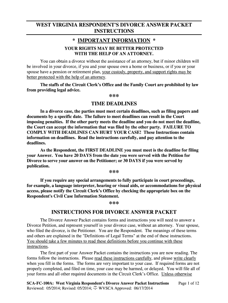 Fillable Online courtswv WEST VIRGINIA RESPONDENT'S DIVORCE ANSWER ...