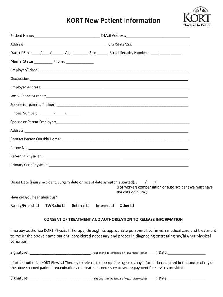 Fillable Online New Patient Forms - KORT Fax Email Print - pdfFiller