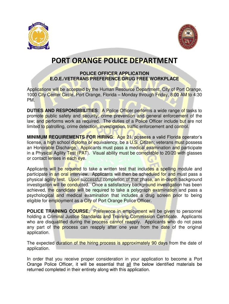 Fillable Online PORT ORANGE POLICE DEPARTMENT POLICE OFFICER ...