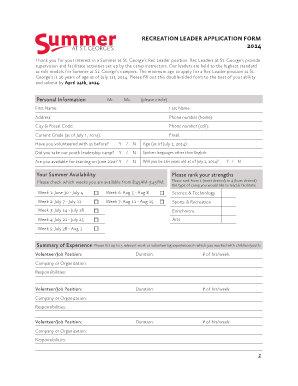 Fillable Online Recreation leader application form - Summer at St ...