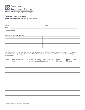 Fillable Online culpeperhealth Universal Medication Form *Fold this ...