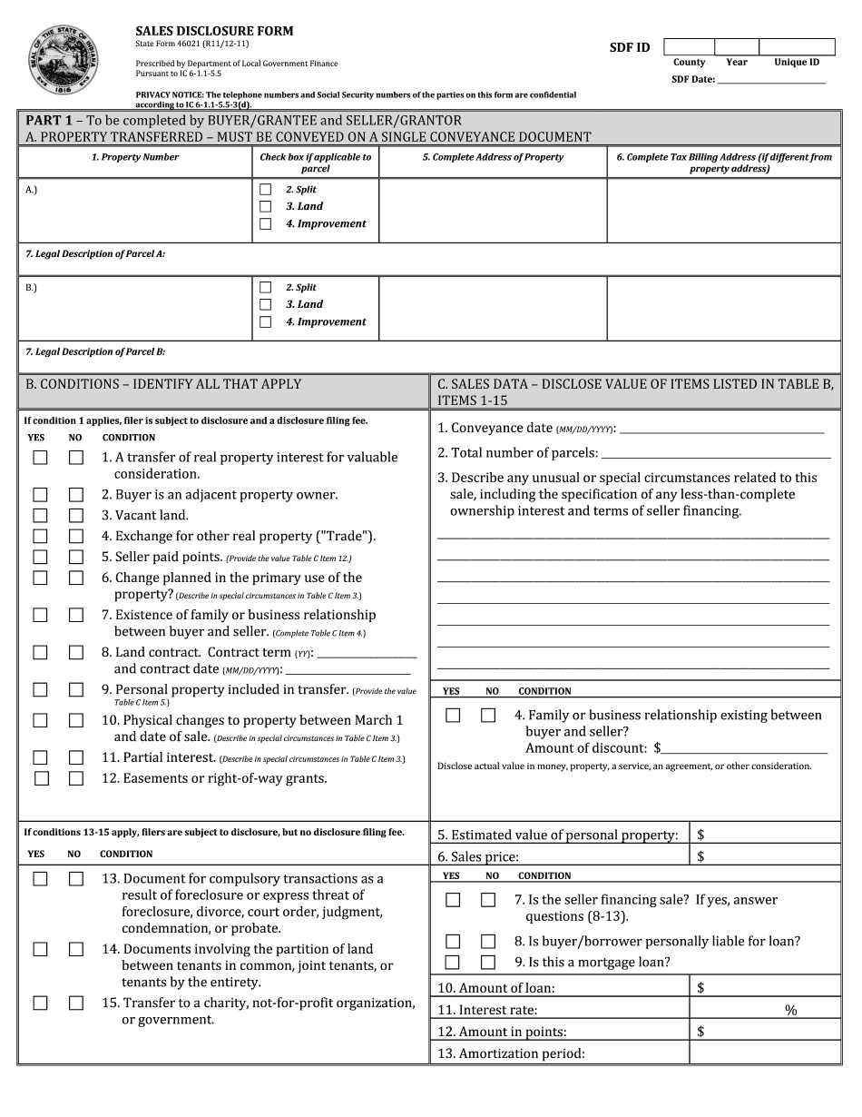 Indiana Sales Disclosure Form - Printable Blank PDF Online