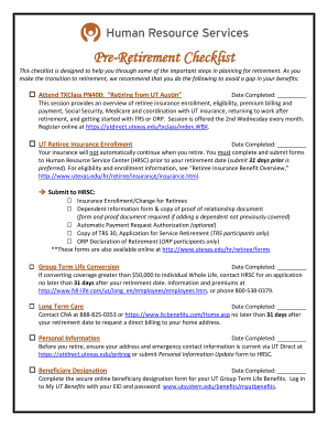 Fillable Online utexas Pre-Retirement Checklist PDF - The University of ...