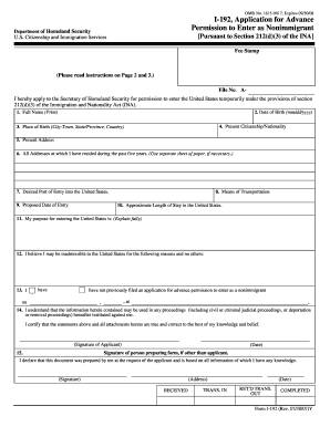 Fillable Online I-192, Application for Advance Permission to ... - Day ...