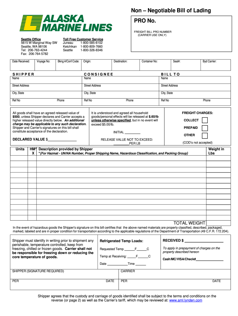 AML Non Negotiable Bill Of Lading 2017 2022 Fill And Sign Printable 