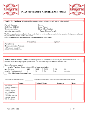 Fillable Online PLAYER TRYOUT AND RELEASE FORM Fax Email Print - pdfFiller