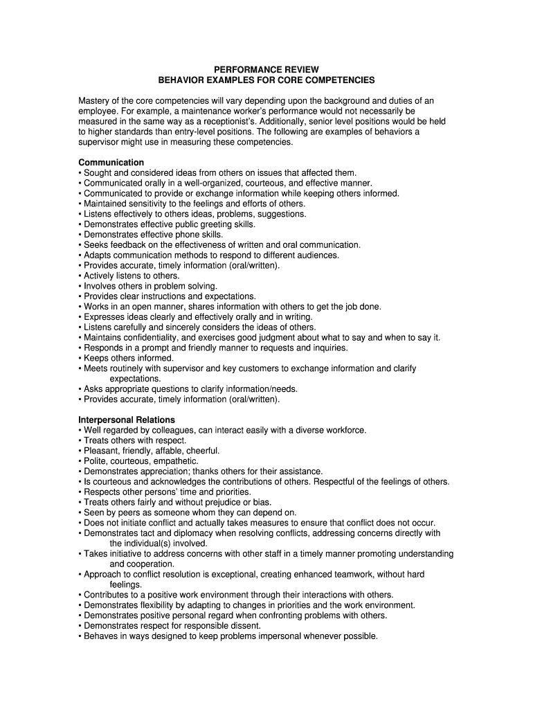 Fillable Online adams PERFORMANCE REVIEW BEHAVIOR EXAMPLES FOR CORE ...