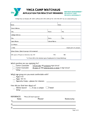 Fillable Online Ymca camp watchaug application for new staff members ...