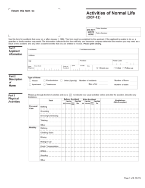 Fillable Online fsco gov on OCF-12: Activities of Normal Life ...