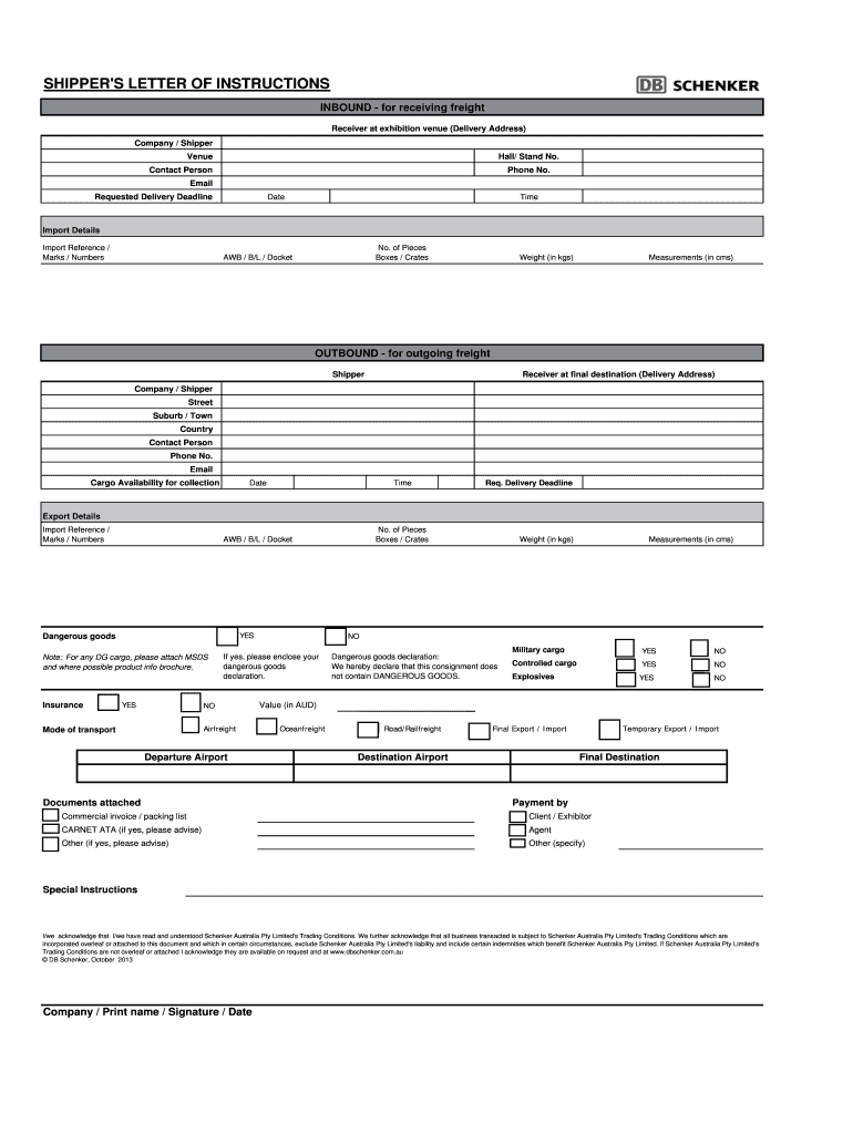 Fillable Online SHIPPER'S LETTER OF INSTRUCTIONS INBOUND - for ...