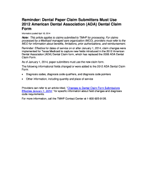 Fillable Online Dental Paper Claim Submitters Must Use 2012 ... - TMHP ...