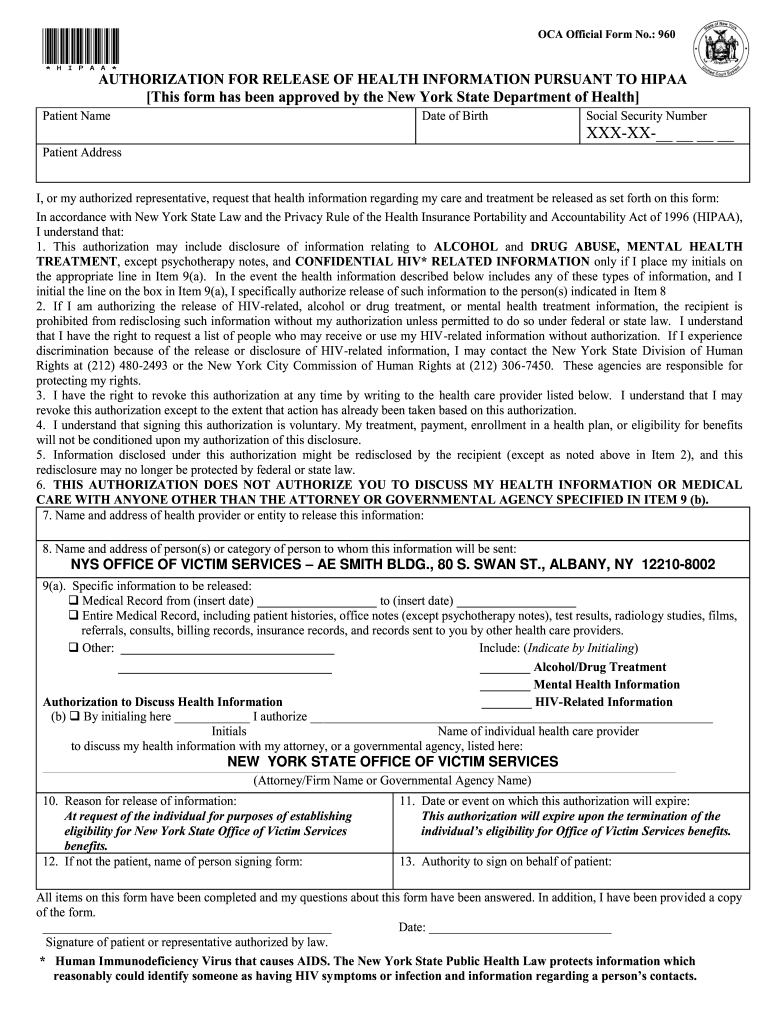 New York State Hipaa Release Form 960 Fill Online Printable 