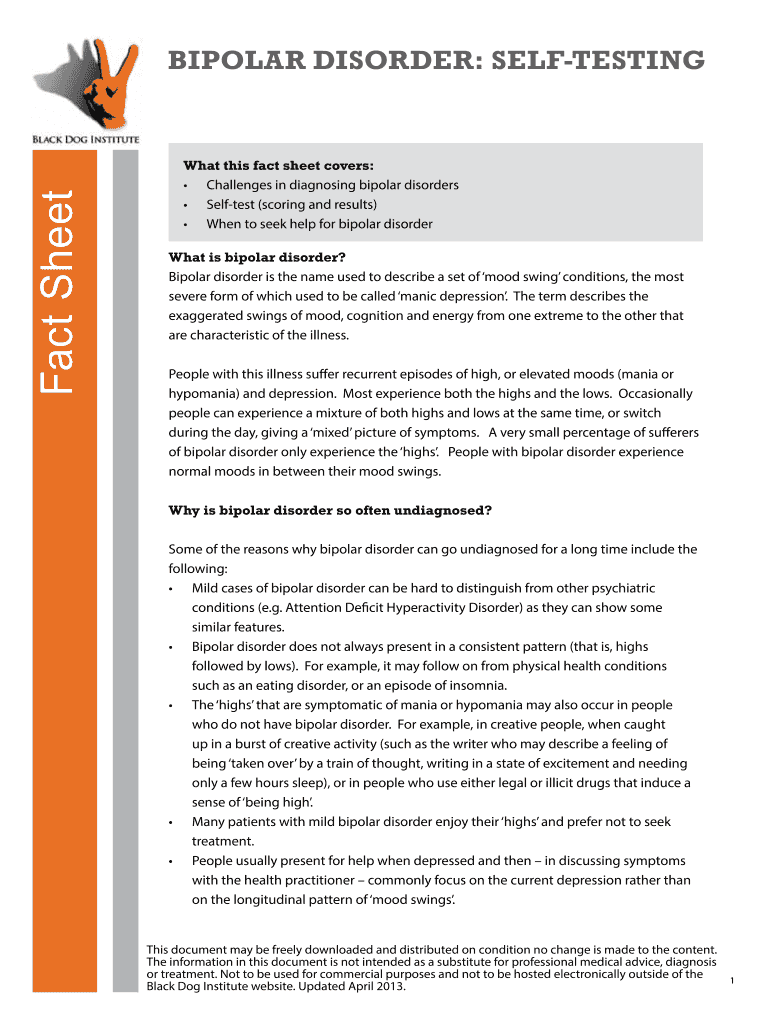 Fillable Online Self-test for bipolar disorder - Black Dog Institute ...