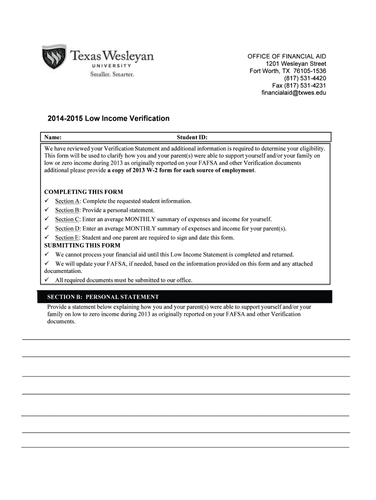 Fillable Online 2014-2015 Low Income Verification Fax Email Print - pdfFiller