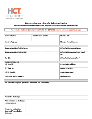Fillable Online Discharge Summary Form for Behavioral Health ...