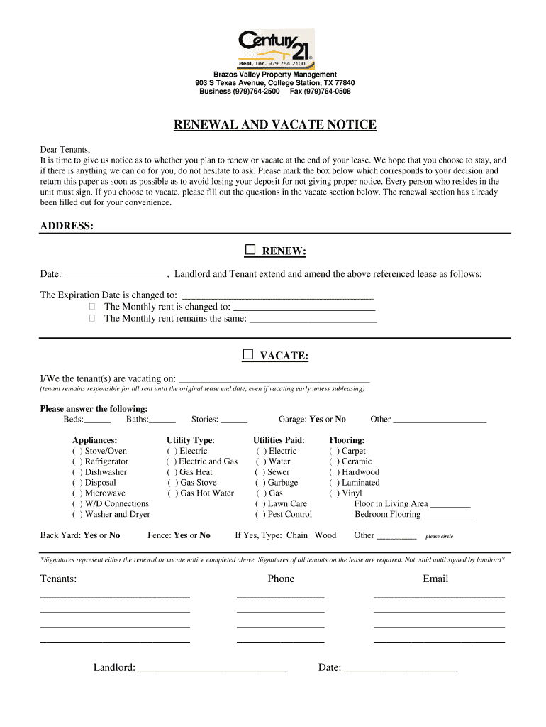 Fillable Online Renewal and vacate notice Fax Email Print - pdfFiller