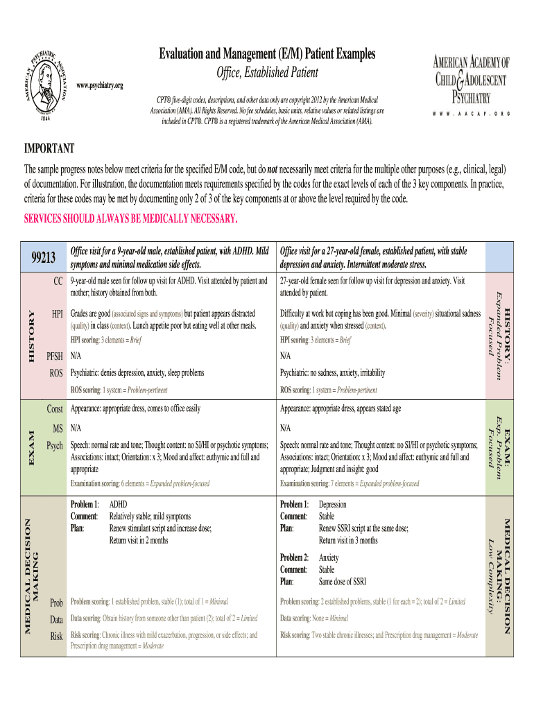 Fillable Online aacap Evaluation and Management (E/M) Patient Examples ...